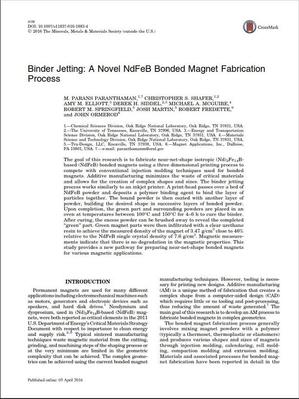 Binder Jetting: A Novel NdFeB Bonded Magnet Fabrication Process ...